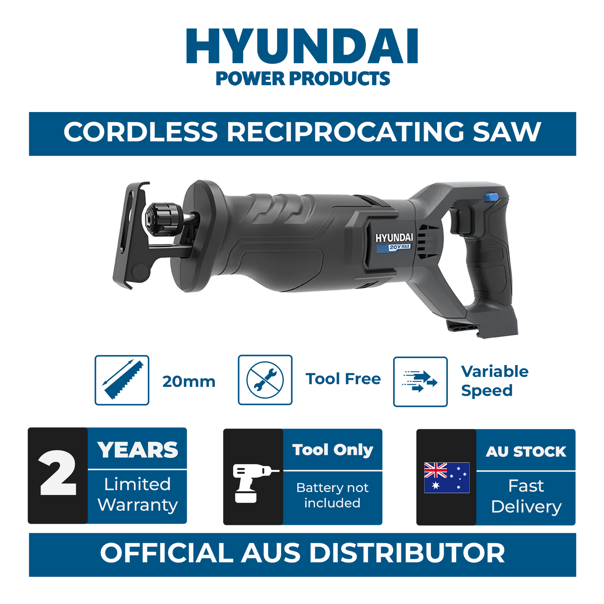 Hyundai 20V Cordless Reciprocating Saw – 100mm Wood Cut, Tool-Free Bla ...