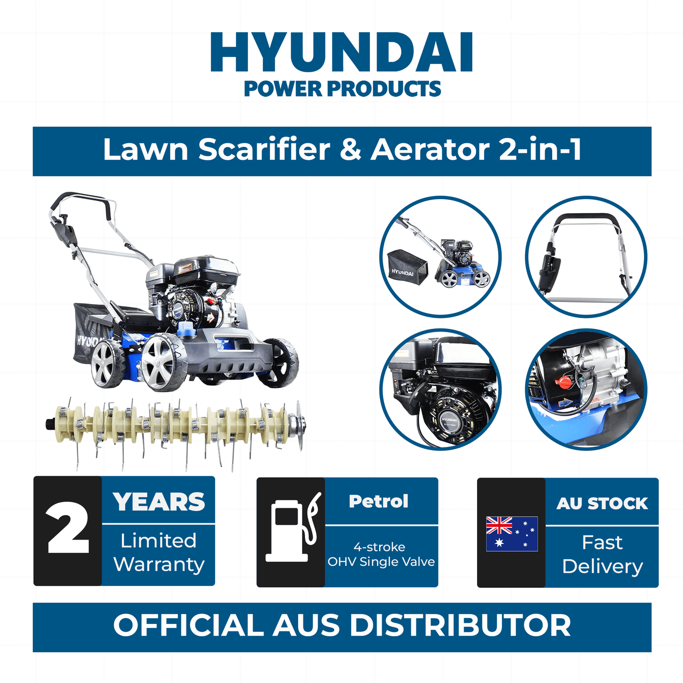 Hyundai Petrol Lawn Scarifier & Aerator 2-in-1 – 212cc Engine, 400mm W ...