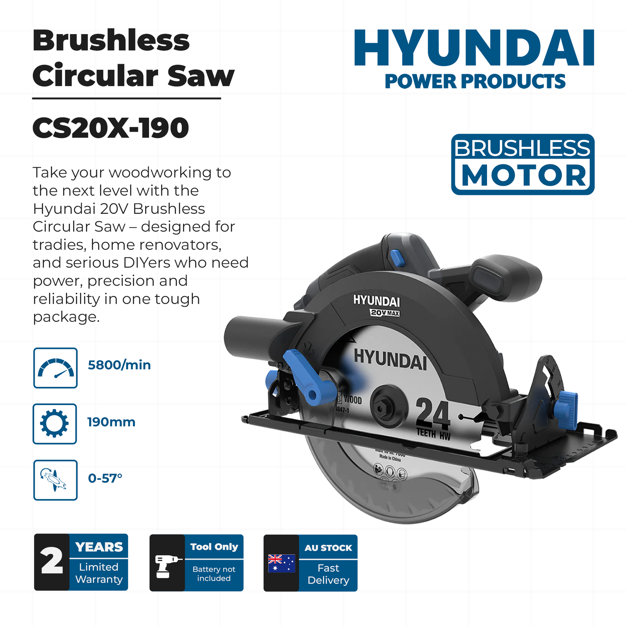 Hyundai 20V Brushless Circular Saw – 190mm Blade, 67.5mm Cut Depth - S ...