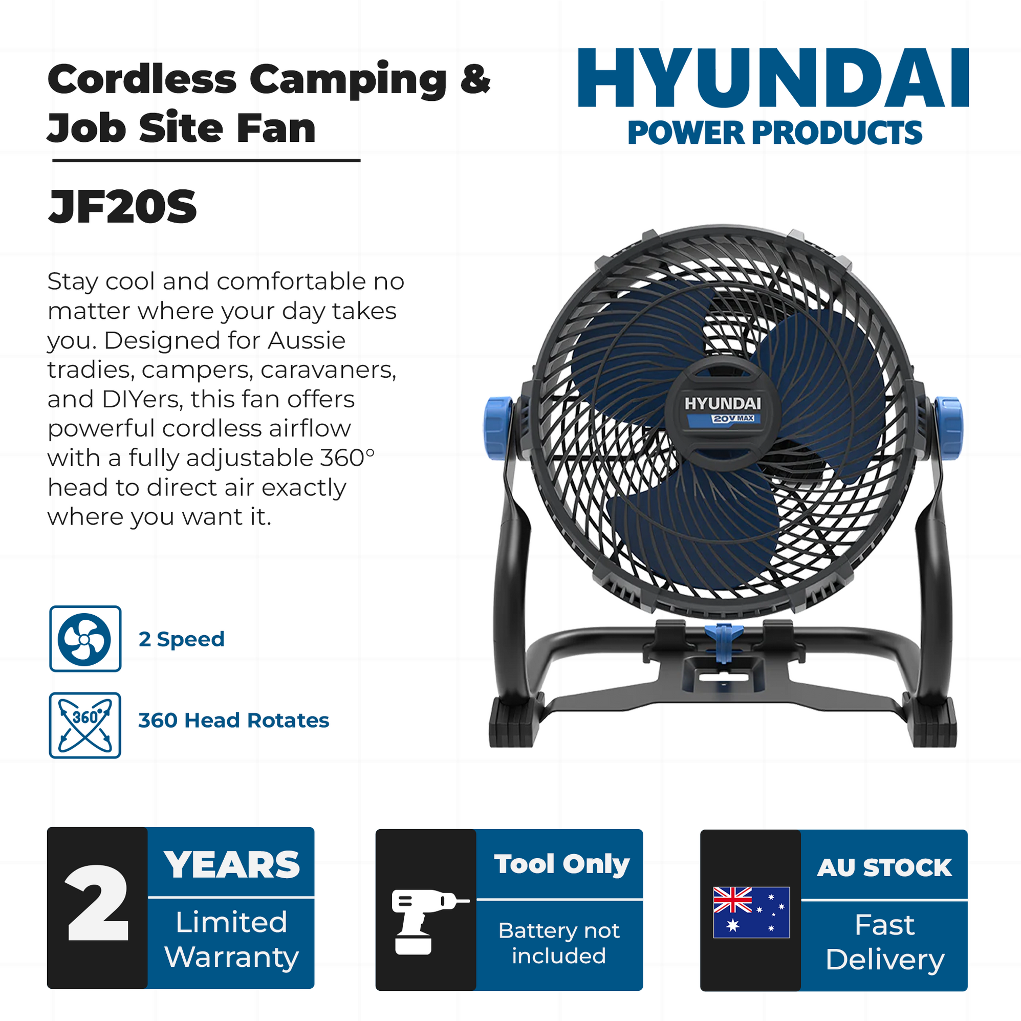 Hyundai 20V Cordless Camping & Job Site Fan – 360° Adjustable Head, Du ...