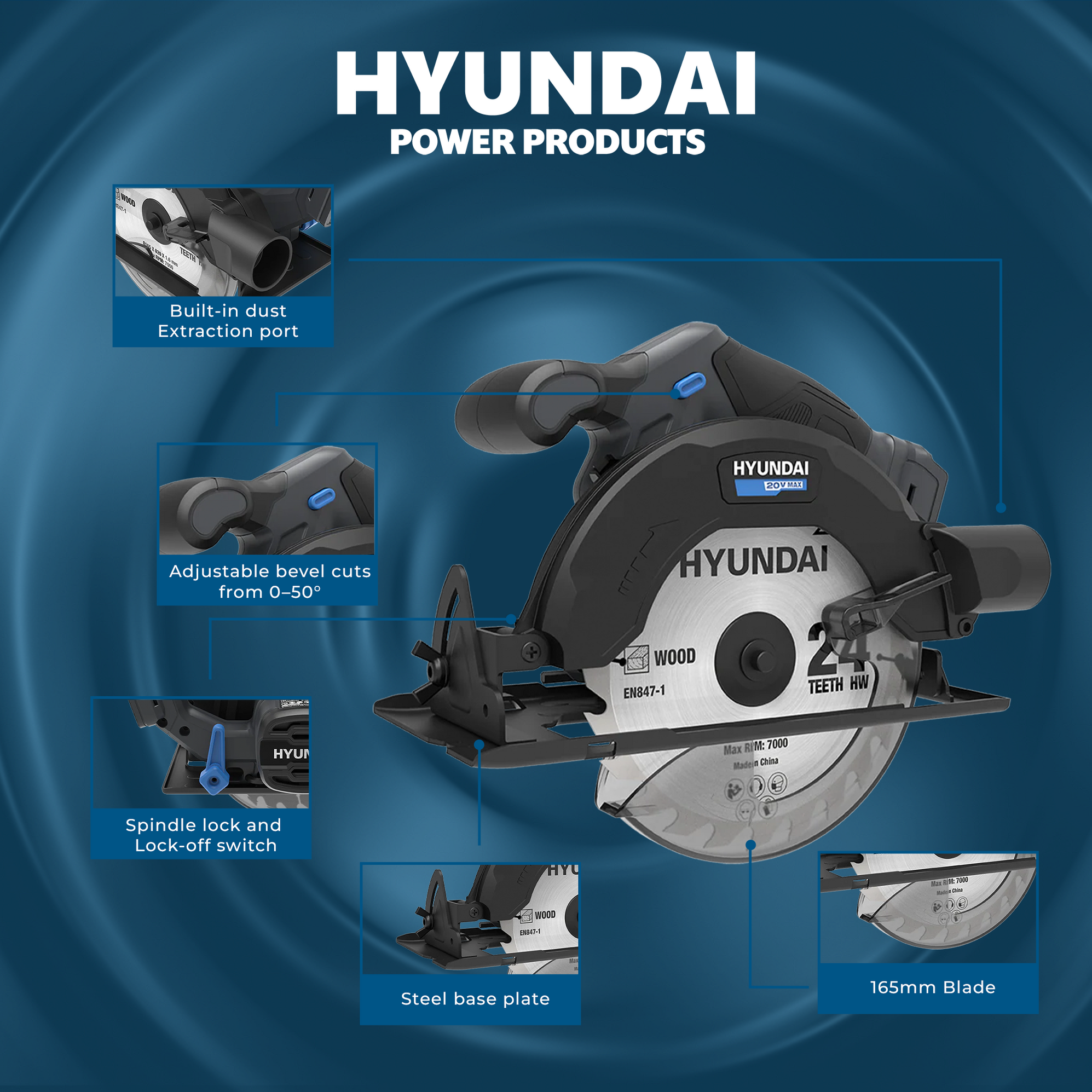Hyundai 20V Cordless Circular Saw – 165mm Blade, Bevel Cuts, Dust Port ...