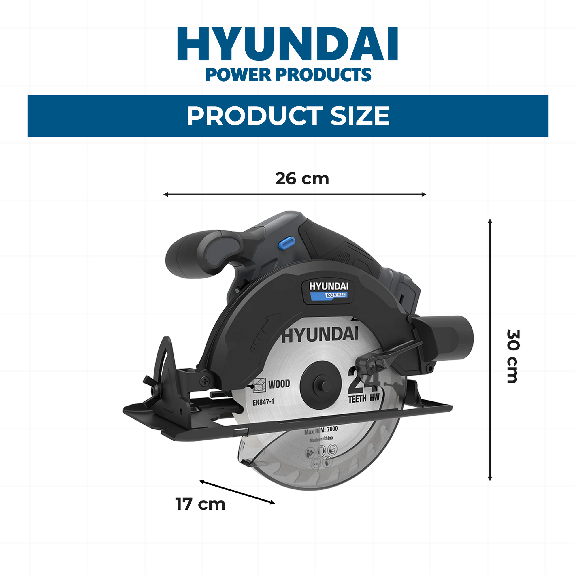 Hyundai 20V Cordless Circular Saw – 165mm Blade, Bevel Cuts, Dust Port ...