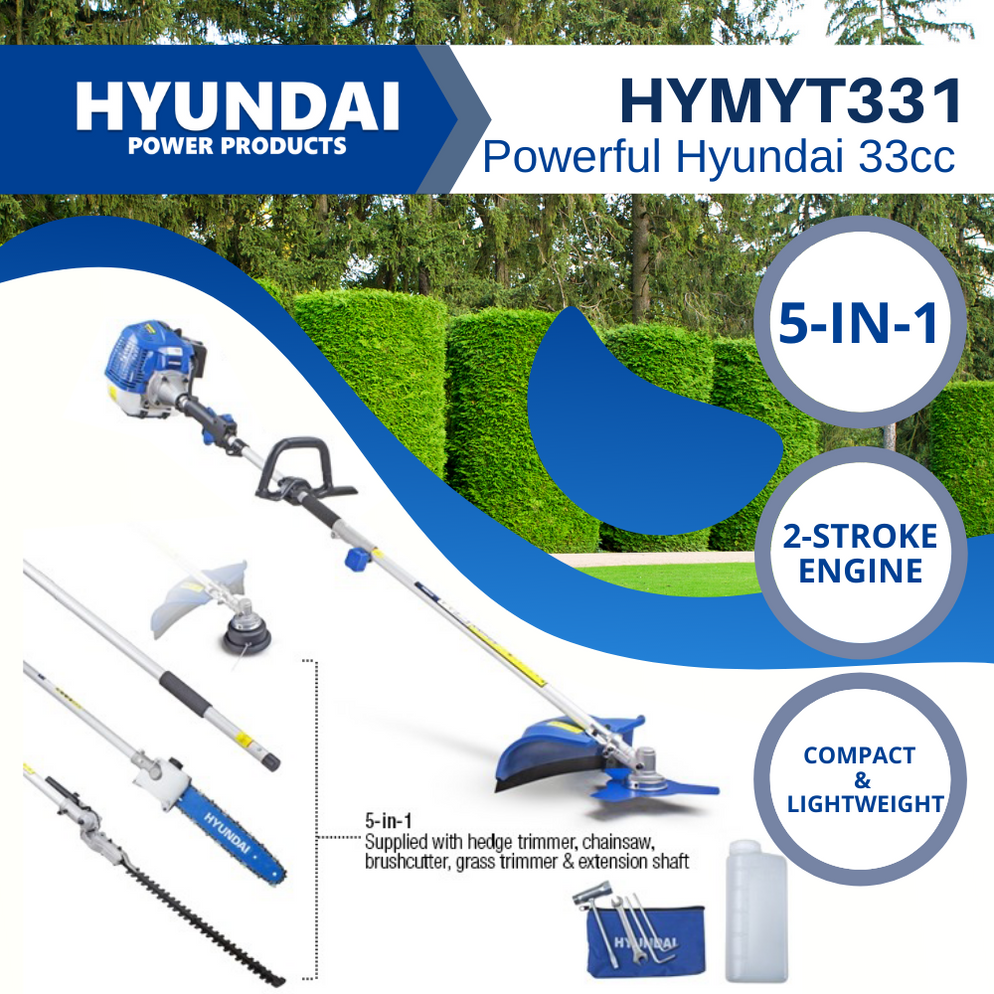 Hyundai 33cc 5-in-1 Petrol Garden Tool Set – Hedge Trimmer, Chainsaw ...